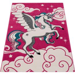 Kinderteppich Paco Home "Diamond 640", pink, B:80cm H:16mm L:150cm, Polypropylen, Teppiche, Kinderteppich, 3D-Design, Motiv Einhorn & Sterne, Kinderzimmer