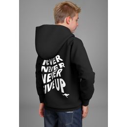 Kapuzensweatshirt Kangaroos "Spruch: NEVER GIVE UP", Jungen, Gr. 128/134, schwarz, Single Jersey, Obermaterial: 100% Baumwolle. Kapuzenfutter: 100% Baumwolle, bedruckt, Basic, Rippb&uuml;ndchen, Sweatshirts, Sweatshirt mit gro&szlig;em R&uuml;ckendruck