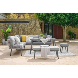 Ambia Garden Dining-Loungeset, Grau, Metall, Kunststoff, Glas, Textil, 5-teilig, F&uuml;llung: Schaumstoff, Polyester, 224x220 cm, Loungem&ouml;bel, Gartenlounge-Sets
