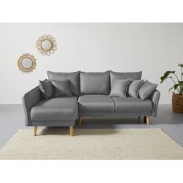 Ecksofa Home Affaire "Granbo L-Form, B: 240 cm", grau, B:240cm H:95cm T:170cm, 100% Polyester, Sofas, Ecksofa, Bettfunktion, Bettkasten, Taschen & 5 Zierkissen, Federkern