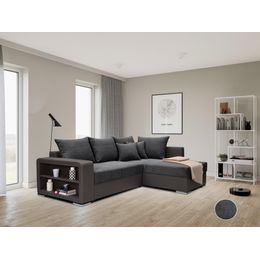 Ecksofa Collection AB "John L-Form, B: 226 cm", grau (anthrazit), B:226cm H:80cm T:160cm, 100%Polyester, Sofas, Ecksofa, Bettfunktion, Bettkasten, Regalelement & 2 Zierkissen