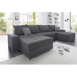 Wohnlandschaft Collection AB "Josy XL U-Form, Breite: 313 cm", grau (grau, anthrazit), B:313cm H:84cm T:161cm, Kunstleder SOFTLUX/100% Polyester, Sofas, Wohnlandschaft, Bettfunktion, Bettkasten & 2 Zierkissen, Federkern, Topseller