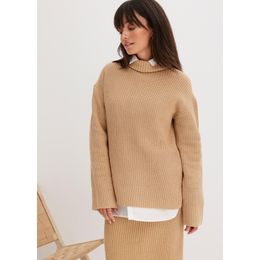 Rollkragenpullover bonprix "Rollkragenpullover aus reiner Baumwolle", Damen, Gr. 48/50 (XL), beige (latte macchiato), Grobstrick, Obermaterial: 100% Baumwolle, unifarben, oversize Po-bedeckend, hoch geschlossener Ausschnitt, gerader Abschluss, Pullover Rollkragenpullover, im Grobstrick aus Baumwolle, Seitenschlitze, hinten l&auml;nger geschnitten