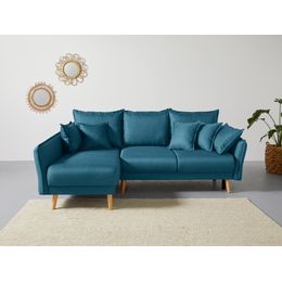 Ecksofa Home Affaire "Granbo L-Form, B: 240 cm", blau (petrol), B:240cm H:95cm T:170cm, 100% Polyester, Sofas, Ecksofa, Bettfunktion, Bettkasten, Taschen & 5 Zierkissen, Federkern