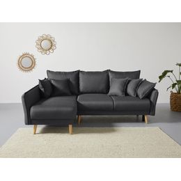 Ecksofa Home Affaire "Granbo L-Form, B: 240 cm", grau (anthrazit), B:240cm H:95cm T:170cm, 100% Polyester, Sofas, Ecksofa, Bettfunktion, Bettkasten, Taschen & 5 Zierkissen, Federkern