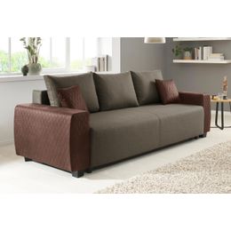 Schlafsofa Home Affaire "Bella, B: 241 cm, Liegefl. 142x194 cm", braun (macchiato), B:241cm H:90cm T:94cm, Struktur fein/Luxus-Microfaser Vintageoptik (Armlehne) (100%Polyester);Microfaser PRIMABELLE/Luxus-MicrofaserVintageoptik (Armlehne) (100%Polyester), Sofas, Schlafsofa, Bettfunktion, Bettkasten & 2 Zierkissen, Federkern