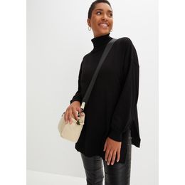 Rollkragenpullover bonprix, Damen, Gr. 40/42 (M), schwarz, Feinstrick, Obermaterial: 70% Viskose, 30% Polyamid, unifarben, l&auml;ssig geschnitten Po-bedeckend, hoch geschlossener Ausschnitt, Strickb&uuml;ndchen, Pullover Rollkragenpullover, im Feinstrick mit hohem Viskoseanteil, l&auml;ssig, hohe Seitenschlitze