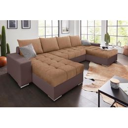 Wohnlandschaft Collection AB "Josy XL U-Form, Breite: 313 cm", braun (braun, hellbraun), B:313cm H:84cm T:161cm, Kunstleder SOFTLUX/100% Polyester, Sofas, Wohnlandschaft, Bettfunktion, Bettkasten & 2 Zierkissen, Federkern, Topseller