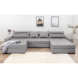 Wohnlandschaft Collection AB "Josy XXXL-Relax U-Form, B: 352 cm", grau (hellgrau), B:352cm H:41cm T:161cm, 100%Polyester, Sofas, Wohnlandschaft, Bettfunktion, Bettkasten & 2 Nackenkissen, Federkern