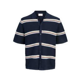 Jack & Jones Kurzarmhemd JACK & JONES "JORMAINE KNIT SS POLO CARDIGAN SN", Herren, Gr. L, N-Gr, sky captain stripes:sea salt, seagrass, nutmeg, cashmere blau, Strick, Obermaterial: 100% Baumwolle, gestreift, relaxed fit normal, ohne Ausschnitt, Hemden, Gestrickt, Baumwolle, relexed fit