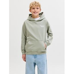 Jack & Jones Kapuzensweatshirt JACK & JONES JUNIOR "JORNORREBRO TYPO BACK SWEAT HOOD SN JNR", Jungen, Gr. 164, seagrass detail:ss26, angeraute Sweatware, Obermaterial: 100% Baumwolle, bedruckt, relaxed fit normal, Rundhals, Rippb&uuml;ndchen, Sweatshirts, Baumwollmischung, relaxed fit, Langarm