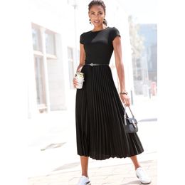 Midikleid Lascana, Damen, Gr. 34, N-Gr, schwarz, Web, Obermaterial: 100% Polyester. Obermaterial 2: 100% Polyester, unifarben, figurumspielend Midi, Rundhals, Kleider Midikleid, mit Plisseerockteil, elegantes Basic, modisch
