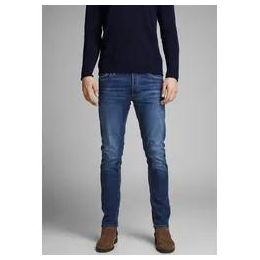 Jack & Jones Slim-fit-Jeans JACK & JONES "JJIGLENN Slim-Fit mit Stretch und praktischer 5-Pocket-Form", Herren, Gr. 31, L&auml;nge 34, blau (dunkelblau denim), Denim/Jeans, Obermaterial: 70% Baumwolle, 28% Polyester, 2% Elasthan, Abriebeffekte, slim fit kn&ouml;chellang, Jeans Slim-fit-Jeans, Baumwollmischung, slim fit, Topseller
