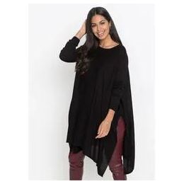 Longpullover bonprix "Long-Pullover aus Viskose-Mix", Damen, Gr. 44/46 (L), schwarz, Feinstrick, Obermaterial: 50% Polyacryl, 50% Viskose, unifarben, oversize knieumspielend, Rundhals, Strickb&uuml;ndchen, Pullover Longpullover, Feinstrick-Viskose-Mix, Oversized-Passform, Poncho-Look, elegant