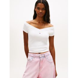 Kurzarmshirt Tommy Jeans "TJW SLIM OFF SHOULDER RIB SS TOP", Damen, Gr. L (40), ecru, Single Jersey, Obermaterial: 94% Baumwolle, 6% Elasthan, unifarben, slim fit taillenbedeckt, Carmenausschnitt, abgesteppte Kante, Shirts, mit gerippter Struktur, schulterfrei