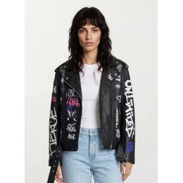 Lederjacke Trueprodigy "Anya Graffitiprint und schr&auml;ger Rei&szlig;verschluss", Damen, Gr. L, schwarz, Obermaterial: 100% Schafsleder sheepskin., slim fit, Jacken
