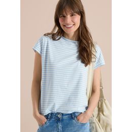 T-Shirt Cecil, Damen, Gr. L (42), light sky blau, Web, 100% Baumwolle, gestreift, normal normal, U-Boot-Ausschnitt, B&uuml;ndchen, Shirts T-Shirt, aus reiner Baumwolle