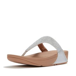 Dianette fitflop "LULU CRYSTAL EMBELLISHED TOE-POST SANDALS - HOTFIX", Damen, Gr. 37, silberfarben, Textil, Glitzer, Schuhe Dianette, Keilabsatz, Sommerschuh, Zehentrenner mit weichem Zehensteg