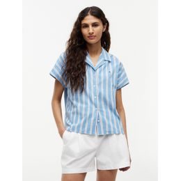 Kurzarmbluse Tommy Hilfiger "SUMMER COTTON SS SHIRT", Damen, Gr. M (40), liquorice stripe breeze blau, Web, Obermaterial: 98% Baumwolle, 2% Elasthan, gestreift, normal, V-Ausschnitt, Blusen, Baumwollmischung