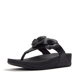Dianette fitflop "LULU FLOWER TOE-POST SANDALS", Damen, Gr. 37, schwarz, Lederimitat, gebl&uuml;mt, Schuhe Dianette, Keilabsatz, Zehentrenner, Sommerschuh mit modischer Bl&uuml;tenverzierung