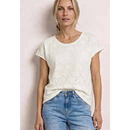 T-Shirt Street One, Damen, Gr. 46, sanftes wei&szlig;, Web, 97% Baumwolle, 3% Elasthan, gemustert, comfort fit normal, V-Ausschnitt, normaler Saum, Shirts T-Shirt, mit Strukturmix