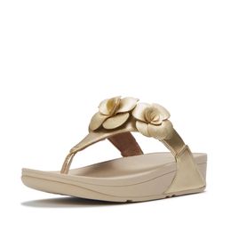 Dianette fitflop "LULU FLOWER TOE-POST SANDALS", Damen, Gr. 36, platino, Lederimitat, gebl&uuml;mt, Schuhe Dianette, Keilabsatz, Zehentrenner, Sommerschuh mit modischer Bl&uuml;tenverzierung