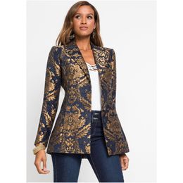 bonprix Blazer aus gl&auml;nzendem Jacquard, blau, Gr.32, Stylischer Kurz-Matntel mit figurbetonter Passform und tollen Kn&ouml;pfen