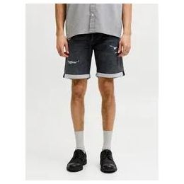 Jack & Jones Shorts JACK & JONES "JJIRICK JJICON I.K. SHORTS GE 066 SN", Herren, Gr. M, N-Gr, schwarz denim, Denim/Jeans, Obermaterial: 86% Baumwolle, 13% Polyester, 1% Elasthan, Destroyed-Effekte, normal kniefrei, Hosen Shorts, Baumwollmischung mit Stretch, regular fit, Destroyed Effekte