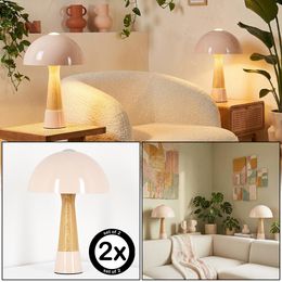 hofstein Pilzlampe Forgek Tischleuchte 2-er Set Champagnerfarben, Holzoptik, 1-flammig