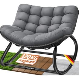 ELONEO Schaukelstuhl Outdoor XXL, ergonomischer Schaukelsessel mit Premium Sitzpolster f&uuml;r drinnen & drau&szlig;en, Balkonsessel, wetterfester Loungesessel Outdoor, rutschfest, bis 120kg, Grau, mit Hocker