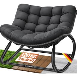 ELONEO Schaukelstuhl Outdoor XXL, ergonomischer Schaukelsessel mit Premium Sitzpolster f&uuml;r drinnen & drau&szlig;en, Balkonsessel, wetterfester Loungesessel Outdoor, rutschfest, bis 120kg, Schwarz, mit Hocker