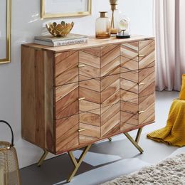 FineBuy Massivholz Schubladenkommode 90cm Akazie Natur Kommode mit 3 Schubladen Sideboard Metall gold