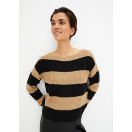 Strickpullover bonprix, Damen, Gr. 36/38 (S), beige (new beige, schwarz gestreift), Strick, Obermaterial: 50% Baumwolle, 50% Polyacryl, gestreift, oversize h&uuml;ftlang, U-Boot-Ausschnitt, Strickb&uuml;ndchen, Pullover Strickpullover, mit hohem Baumwollanteil, mit U-Boot Ausschnitt, bequem