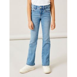 Bootcut-Jeans name it "NKFPOLLY SKINNY BOOT JEANS 1142-AU NOOS", M&auml;dchen, Gr. 116, N-Gr, blau (medium blau denim), Denim/Jeans, Obermaterial: 69% Baumwolle, 25% Polyester, 3% Elasthan, 3% Viskose, leichte Abriebeffekte, skinny fit kn&ouml;chellang, Jeans, mit Stretch