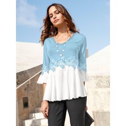 WITT Damen V-Shirt mit Volants an den &Auml;rmeln, eisblau-wei&szlig;, Gr&ouml;&szlig;e 38