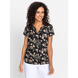 WITT Damen Kurzarm-Bluse mit floralem Druck, schwarz-wei&szlig;-gemustert, Gr&ouml;&szlig;e 36