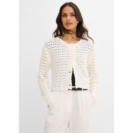 bonprix Ajour-Strickbolero, wei&szlig;, Gr.52/54 (XXL), H&uuml;ftlange H&auml;keljacke mit Knopfleiste vorne, 50% Baumwolle
