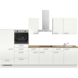 K&uuml;chenzeile Nobilia "Laser I", NEU: individuell anpassbar mit gratis Profi-Beratung", wei&szlig; (k&uuml;che: wei&szlig;, korpus: alpinwei&szlig;, arbeitsplatte: eiche havanna nachbildung), B:330,3cm H:216,6cm T:60cm, Komplettk&uuml;chen-Sets, K&uuml;chenzeile, vormontiert, 180 cm breit, optional mit verschiedenen E‑Ger&auml;te-Sets