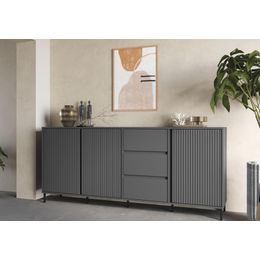 Sideboard Home Affaire "viel Stauraum, Soft Close, 3 T&uuml;ren und 3 Schubkasten", anthrazit, Sideboards, B/H/T: 2.120cm x 91,6cm x 40cm, Holzwerkstoff, MDF, Melamin, Sideboard, mit Metallf&uuml;&szlig;en, Breite 212 cm, grifflos, Fronten geriffelt, B:2.120cm H:91,6cm T:40cm