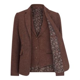 Rostbraunes 2-teiliges Set f&uuml;r Damen, Fischgr&auml;tenmuster, Woll-Tweed, karierter Blazer und Weste