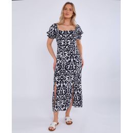 Marineblaues Midikleid mit geteilten Puff&auml;rmeln aus Viskose