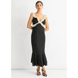 Schwarzes Spot Ruffle Bias Midikleid