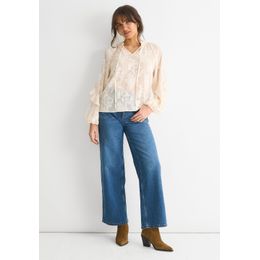 Lang&auml;rmelige Bluse aus cremefarbenem Jacquard mit Blumenmuster