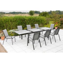 Garten-Essgruppe Merxx "Amalfi", grau (anthrazit, anthrazit, grafit), Polyester, Aluminium, Polyester, Sicherheitsglas, Sitzm&ouml;bel-Sets, 8 Stapelsessel, Ausziehtisch
