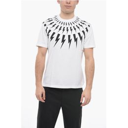 Neil Barrett Slim Fit FAIR-ISLE THUNDERBOLT Rundhals-T-Shirt in Wei&szlig;
