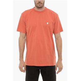 Einfarbiges Rundhals-T-Shirt mit Kreuzstickerei in Orange