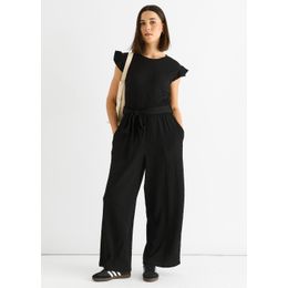 Schwarzer Jumpsuit mit elastischer Taille und R&uuml;schen aus Stretch-Material