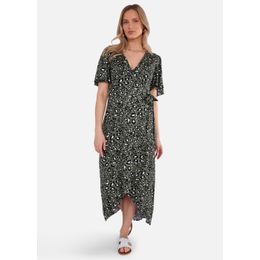 Khakifarbenes Viskose-Wickel-Midikleid mit Tiermuster