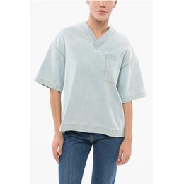 Bottega Veneta Leicht gewaschene Jeansbluse mit Brusttasche in Hellblau