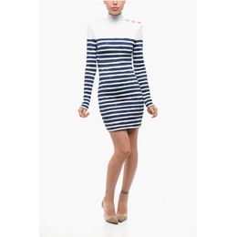 Balmain Zweifarbig gestreiftes, figurbetontes Minikleid mit goldenen Herzen in Wei&szlig;, Blau